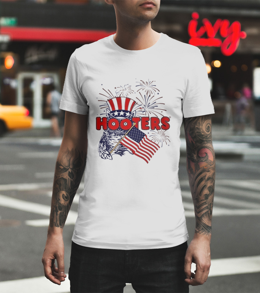 Hooters America Patriotic Owl Fireworks USA UPF 50+ T-Shirt