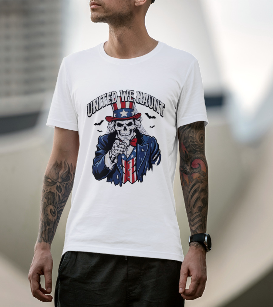 Uncle Sam Skeleton Pointing United We Haunt Halloween Bats T-Shirt