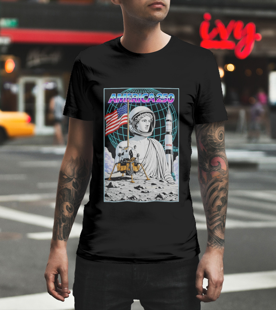 America 250 Apollo Space Rocket NASA Flag Astronaut Statue Moon T-Shirt