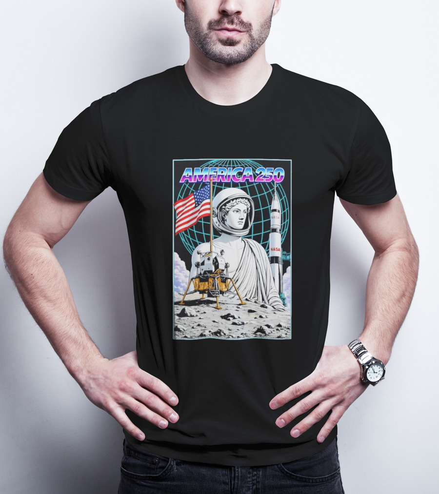 America 250 Apollo Space Rocket NASA Flag Astronaut Statue Moon T-Shirt