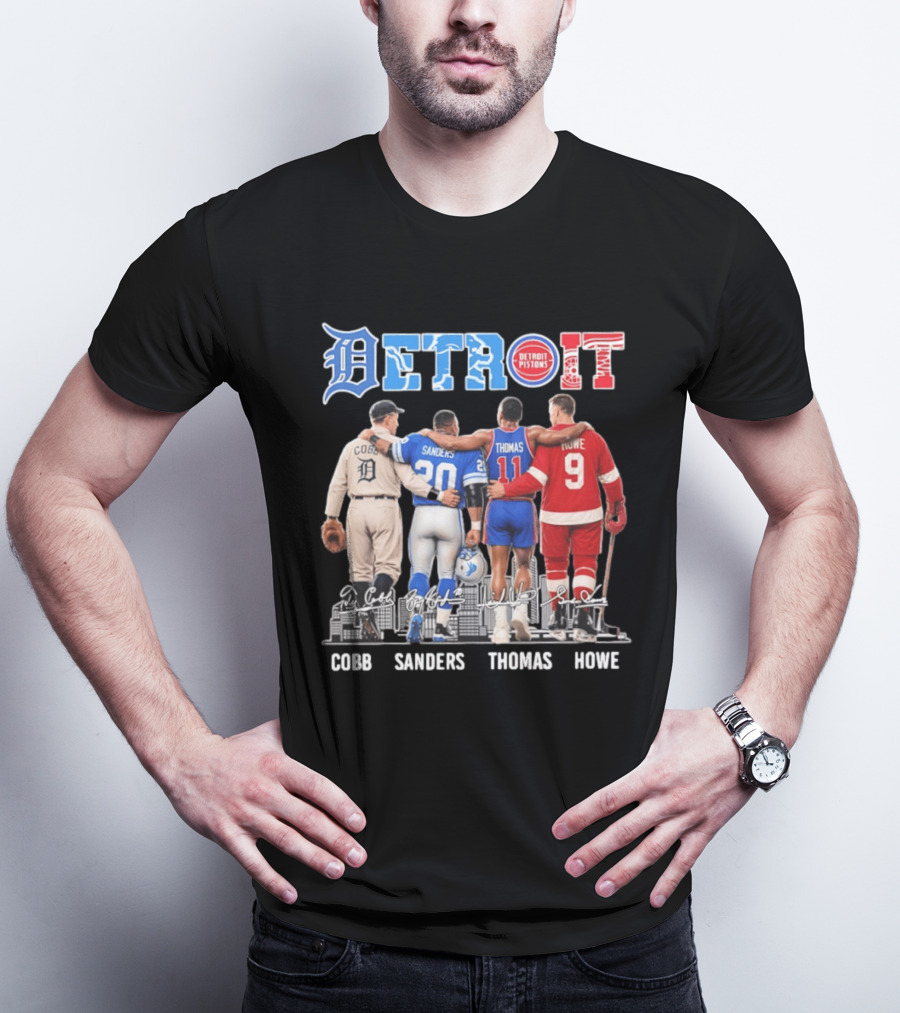 Detroit Icons Ty Cobb Barry Sanders Isiah Thomas Gordie Howe Signatures Skyline T-Shirt