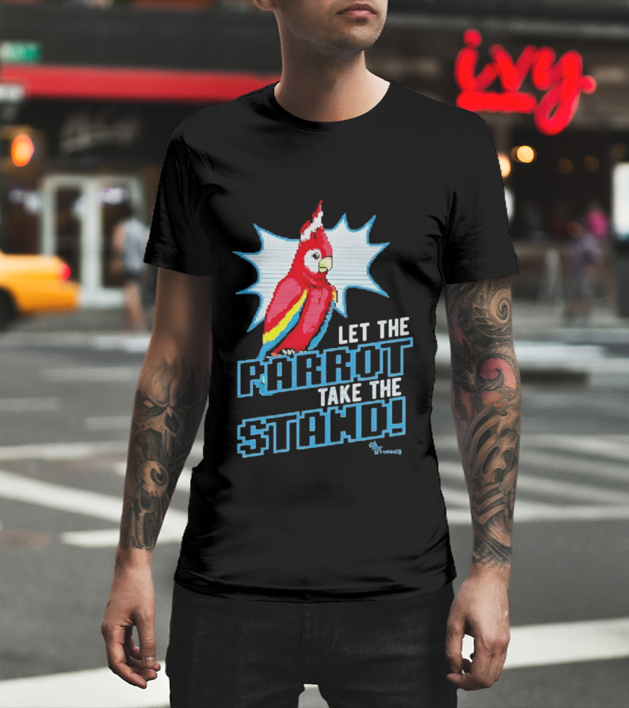 Let The Parrot Take The Stand Vibrant Red Bird With Santa Hat And Blue Starburst T-Shirt