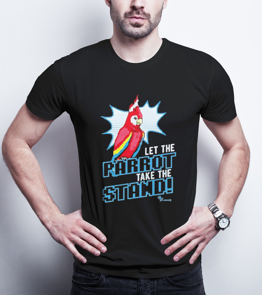 Let The Parrot Take The Stand Vibrant Red Bird With Santa Hat And Blue Starburst T-Shirt