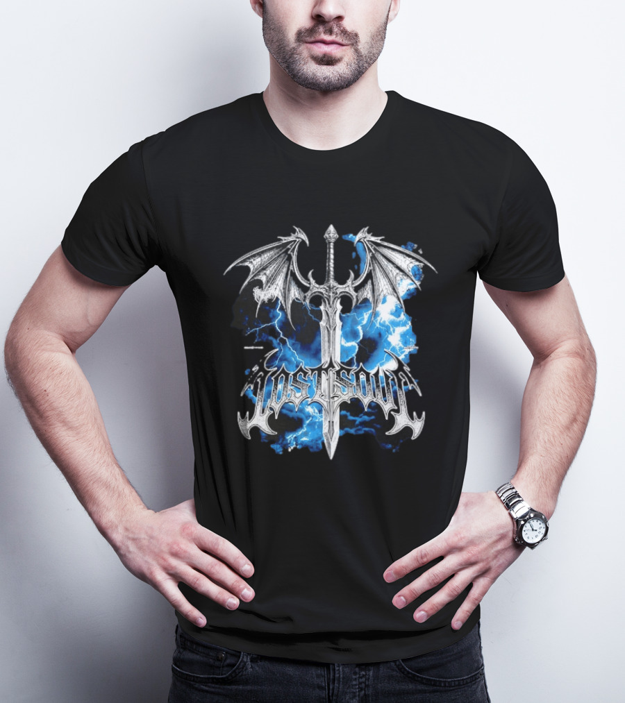 Lost Soul Gothic Sword With Wings And Blue Lightning T-Shirt