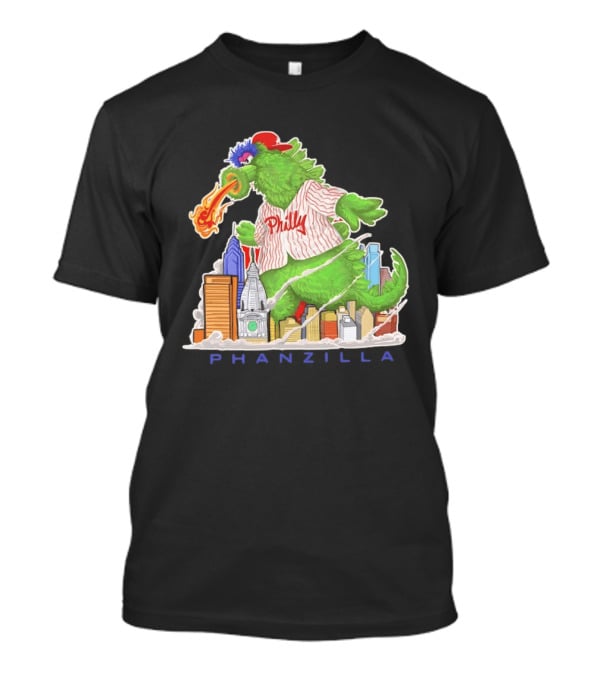 Phillie Phanatic Phanzilla Cityscape Fire Breathing Baseball T-Shirt