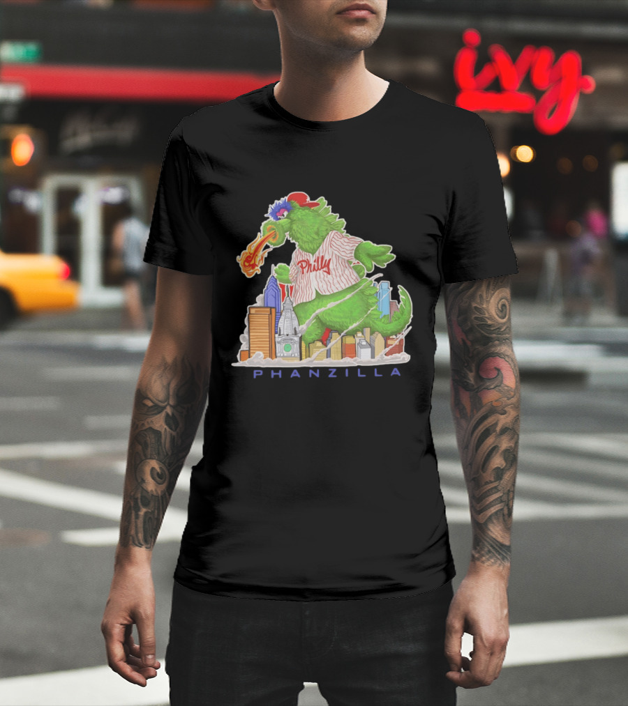 Phillie Phanatic Phanzilla Cityscape Fire Breathing Baseball T-Shirt