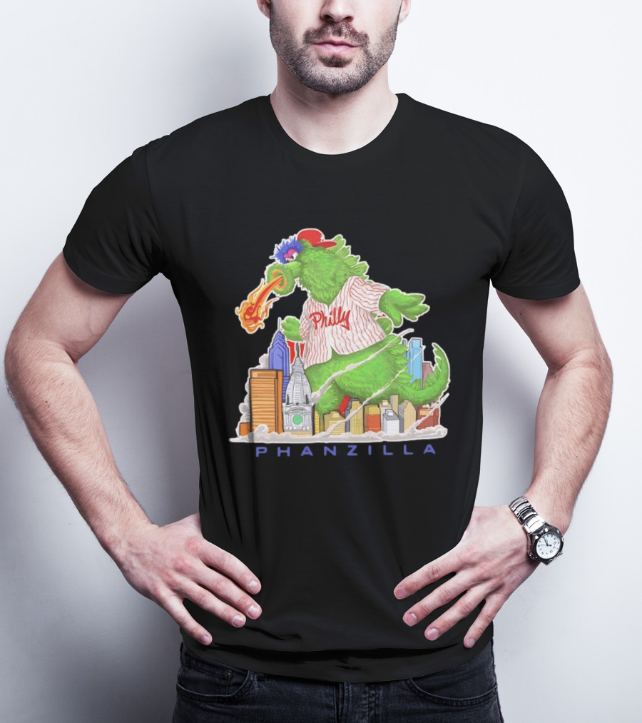 Phillie Phanatic Phanzilla Cityscape Fire Breathing Baseball T-Shirt