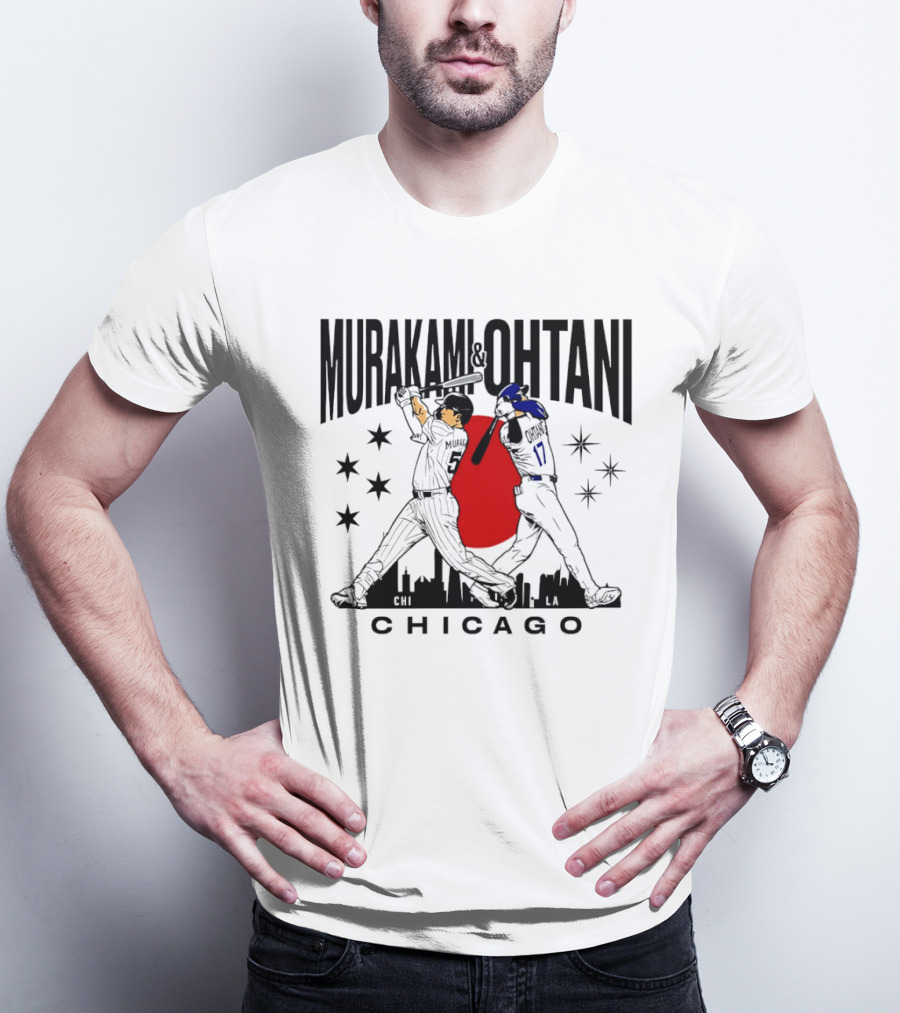 Murakami Ohtani Chicago Baseball Crossed Bats Skyline Stars Red Sun Japan T-Shirt