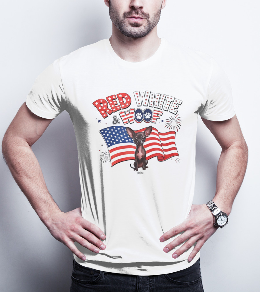 Chihuahua Red White And Woof US Flag Fireworks Celebration T-Shirt