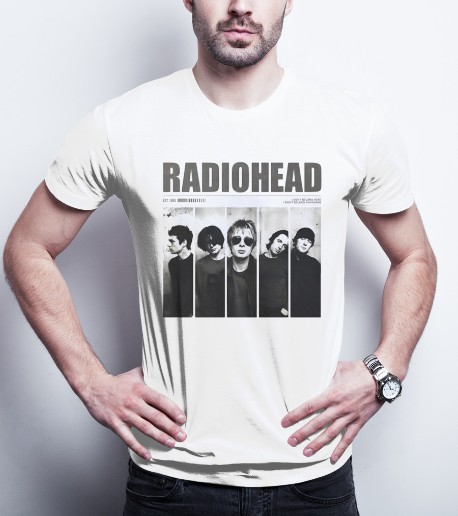 Radiohead Band Members Thom Yorke Jonny Greenwood Established 1985 I Don't Belong Here I Don't Belong Anywhere T-Shirt
