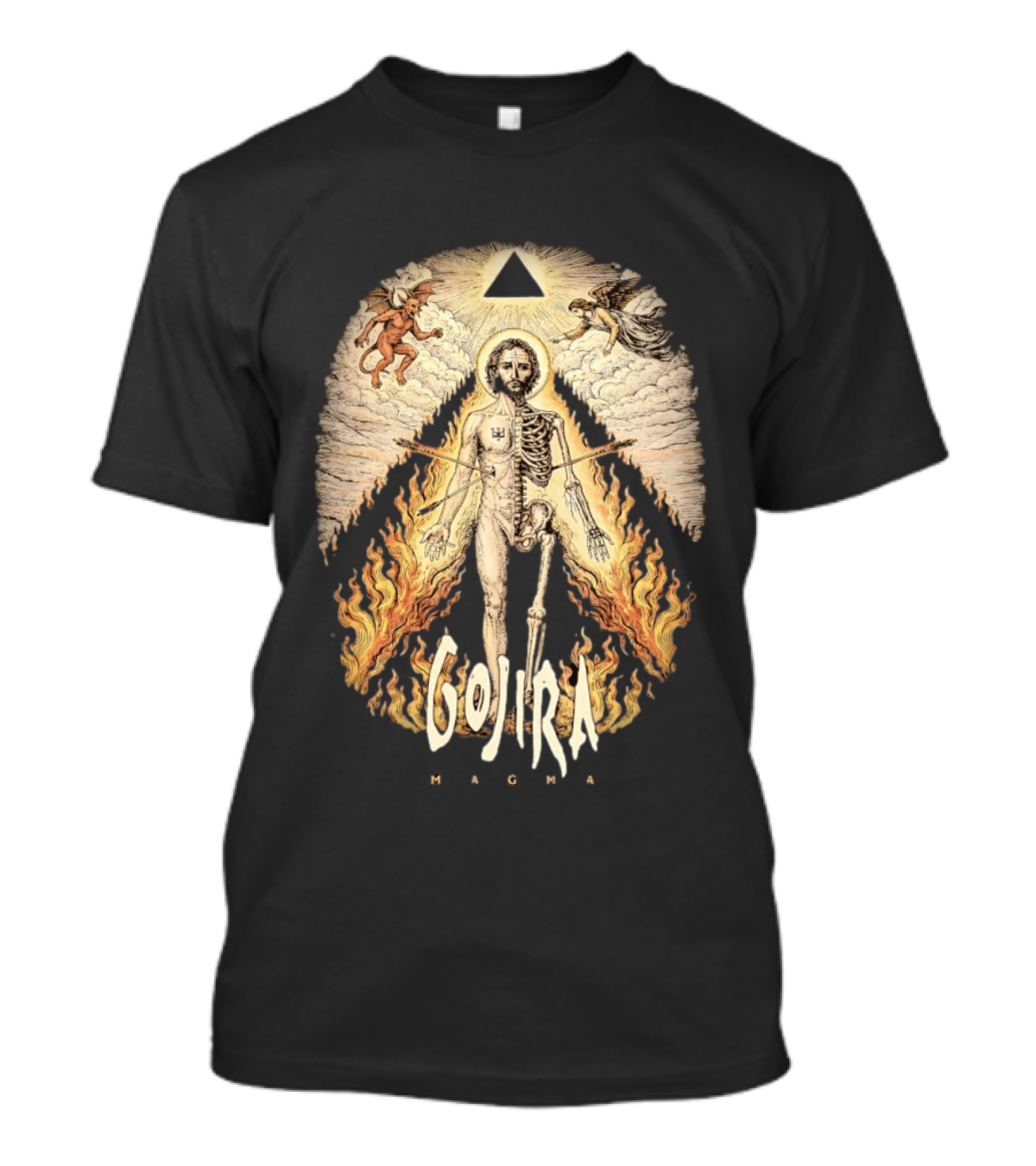Gojira Magma Half Skeleton Half Human Devil Angel Flames Pyramid T-Shirt