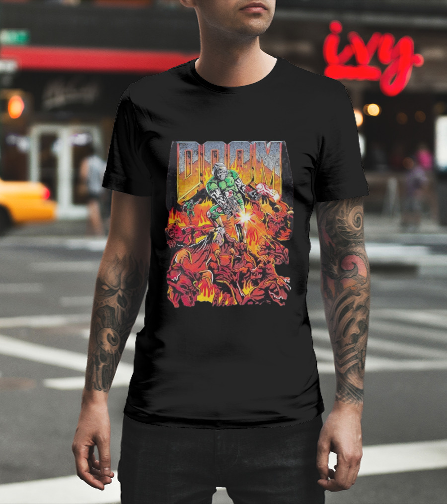 Doom Marine Warren Lotas Retro Video Game Demon Slayer Action Scene T-Shirt