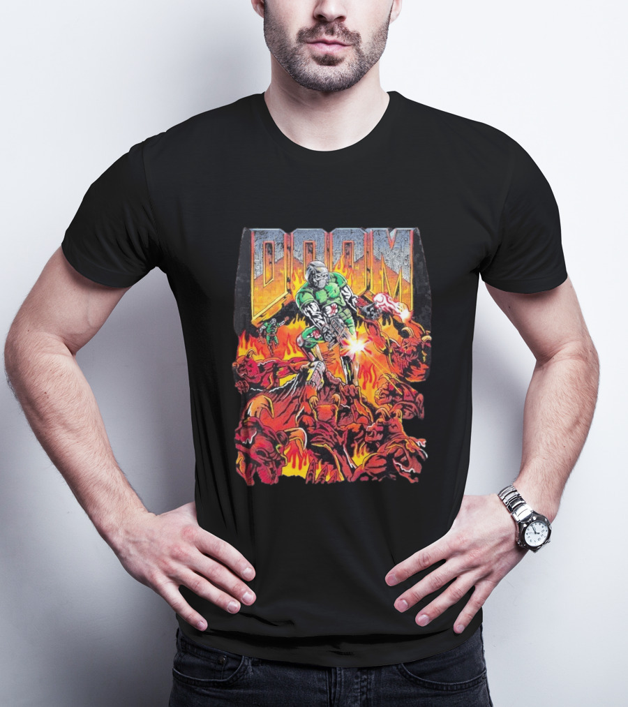 Doom Marine Warren Lotas Retro Video Game Demon Slayer Action Scene T-Shirt