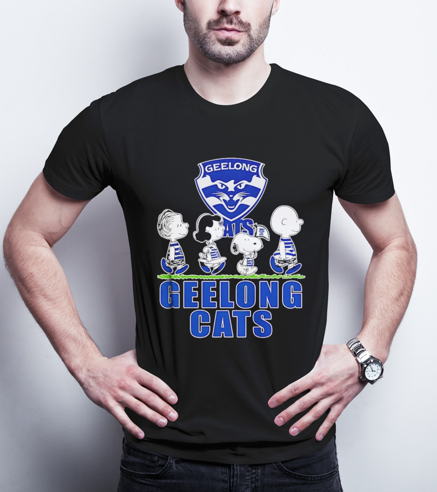 Peanuts Snoopy Charlie Brown Lucy Schroeder Geelong Cats AFL Fan T-Shirt