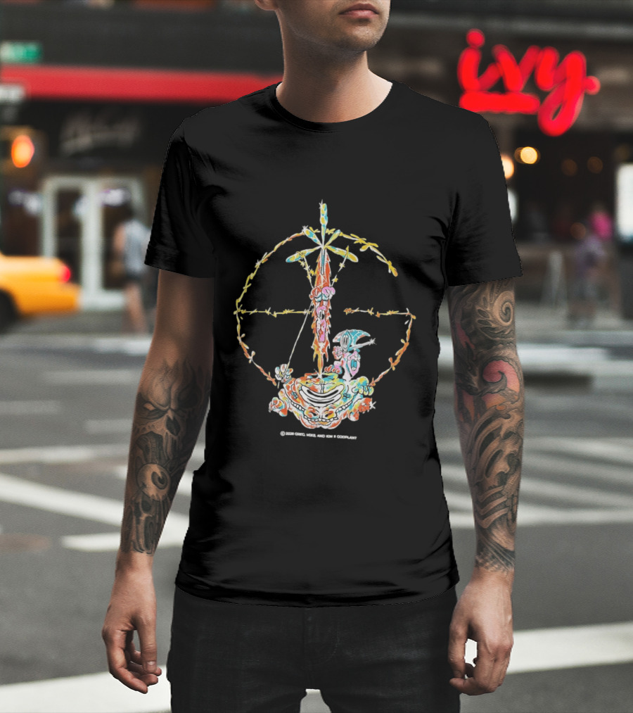 Psychedelic Skeleton Cross Barbed Wire Flowers T-Shirt