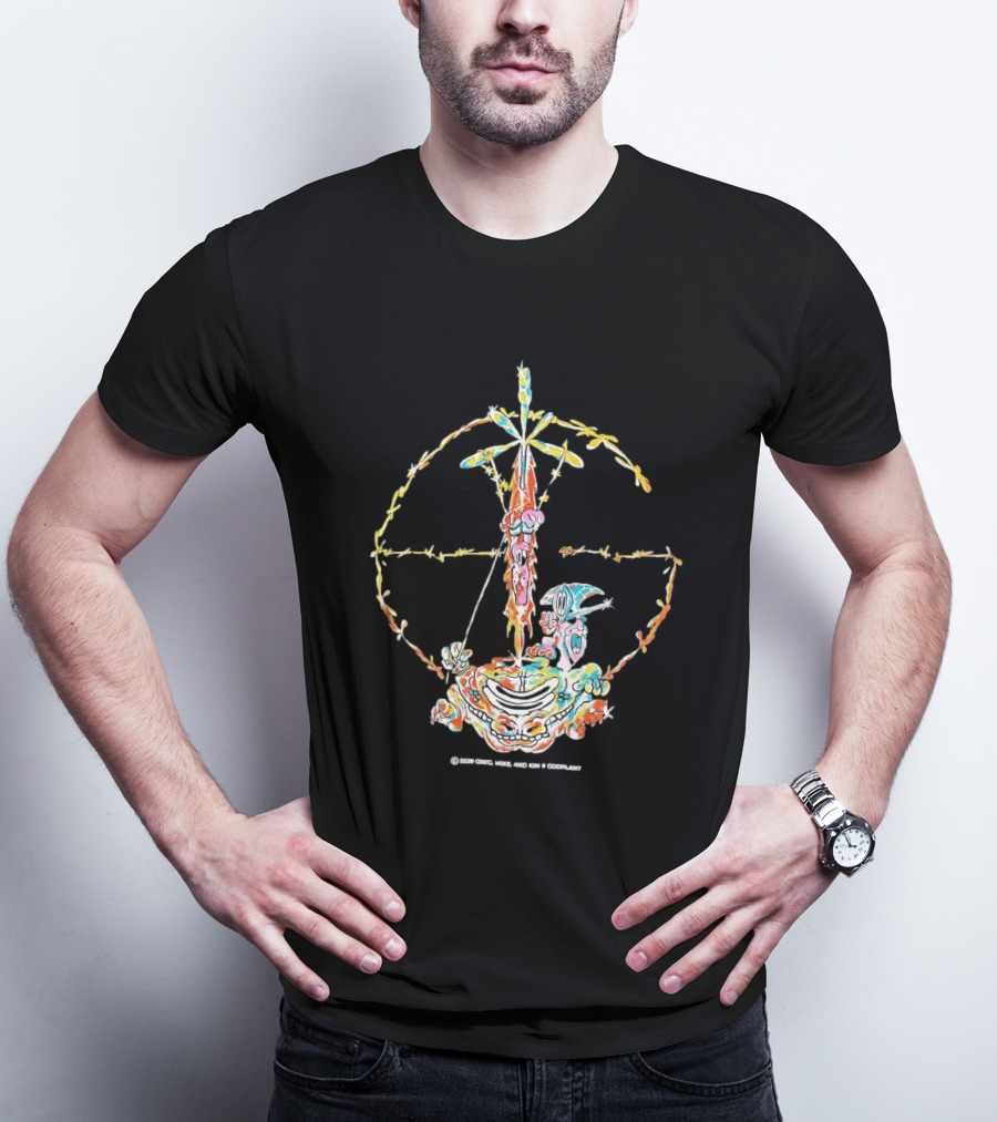 Psychedelic Skeleton Cross Barbed Wire Flowers T-Shirt