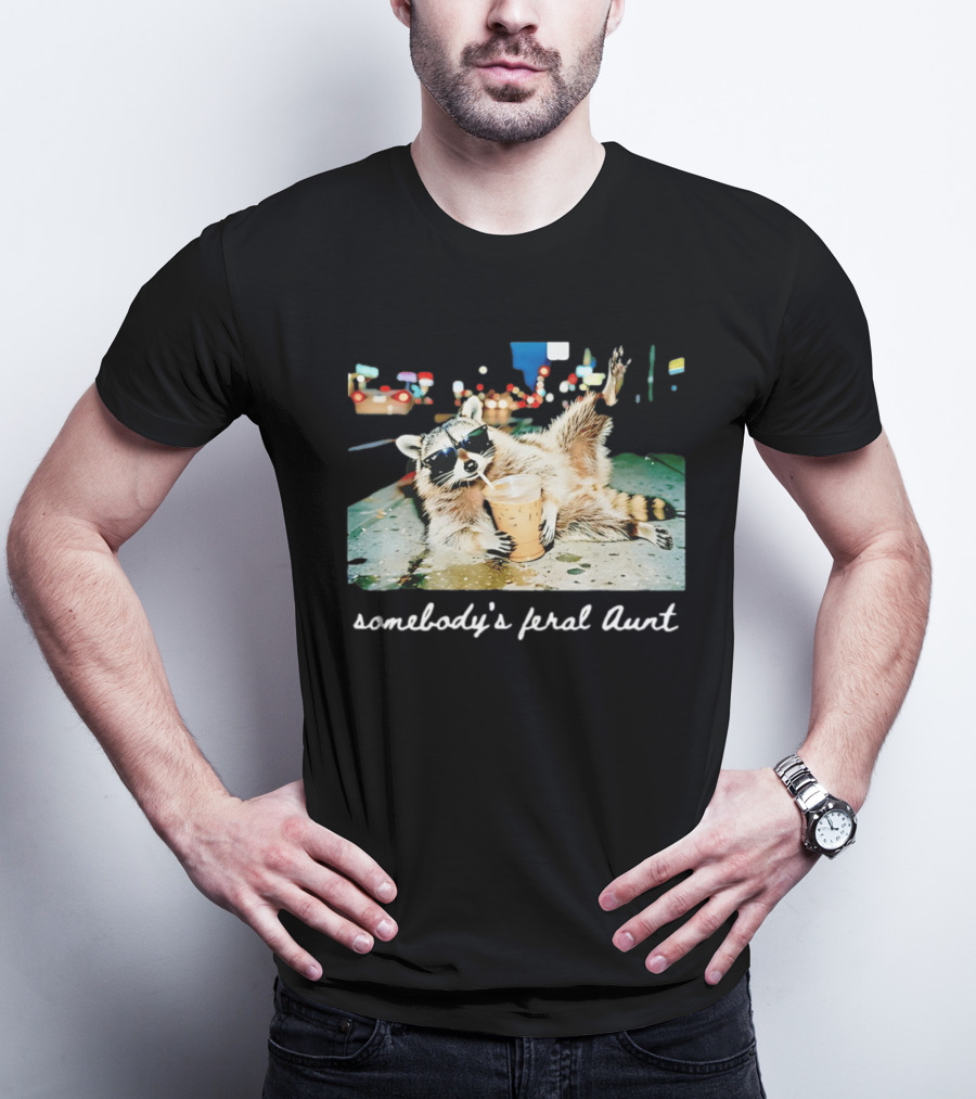 Somebody's Feral Aunt Raccoon Drinking Iced Coffee T-Shirt