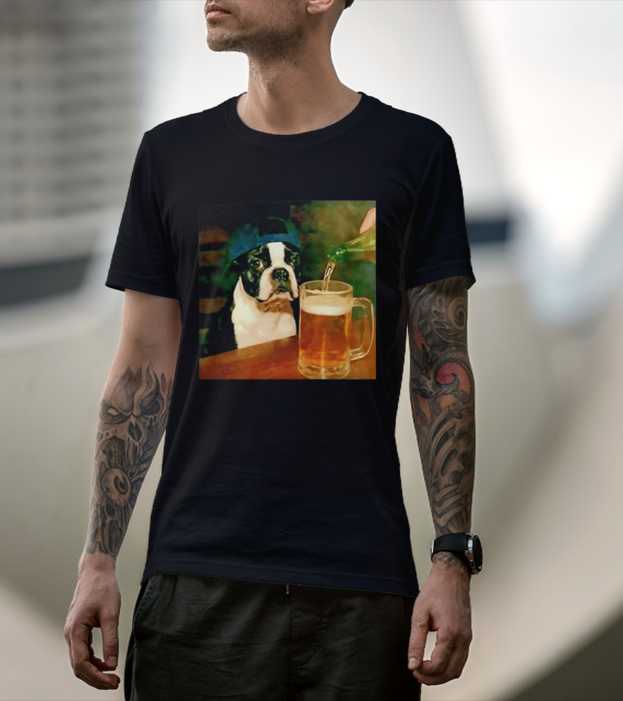 Boston Terrier Baseball Cap Drinking Beer T-Shirt