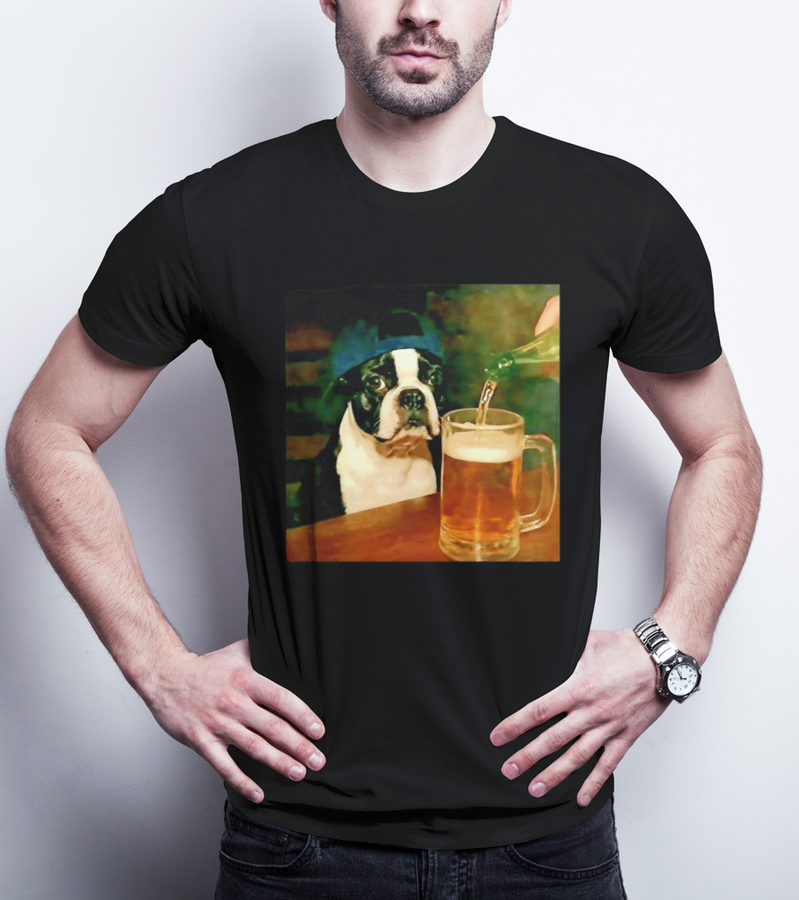 Boston Terrier Baseball Cap Drinking Beer T-Shirt