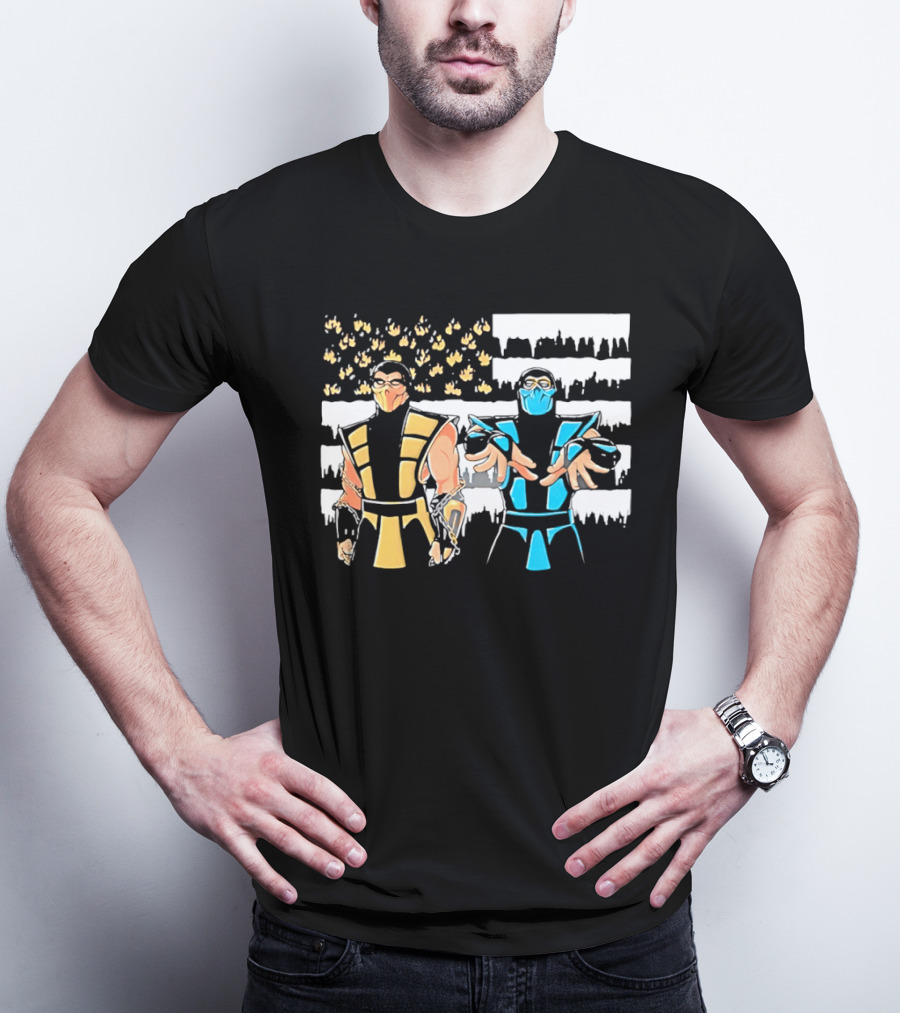 Mortal Kombat Scorpion Sub Zero Fire Ice American Flag T-Shirt