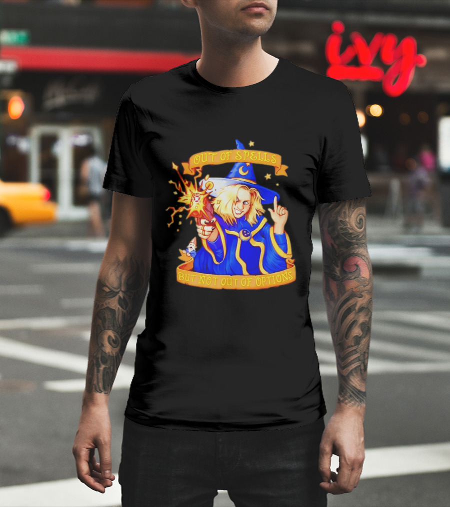 Greg The Sorcerer Out Of Spells Not Out Of Options Enchanting Wizard With Wand And Magic Aura T-Shirt