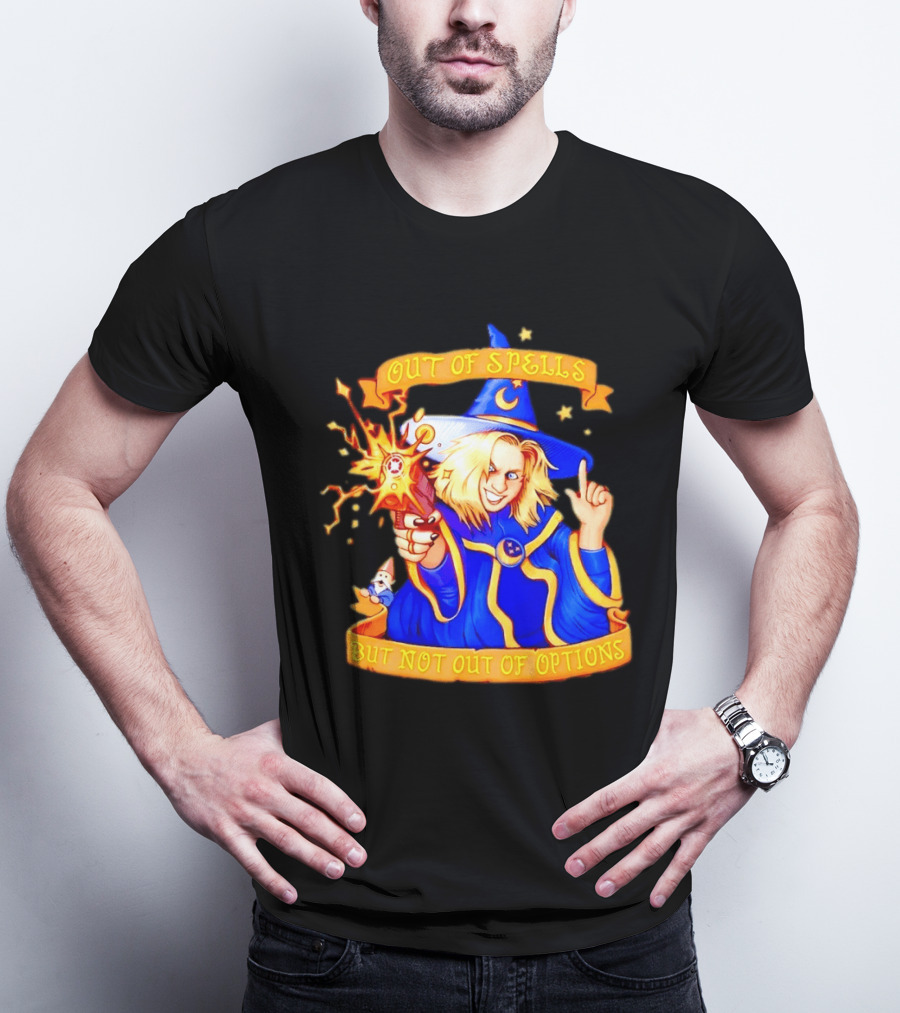 Greg The Sorcerer Out Of Spells Not Out Of Options Enchanting Wizard With Wand And Magic Aura T-Shirt
