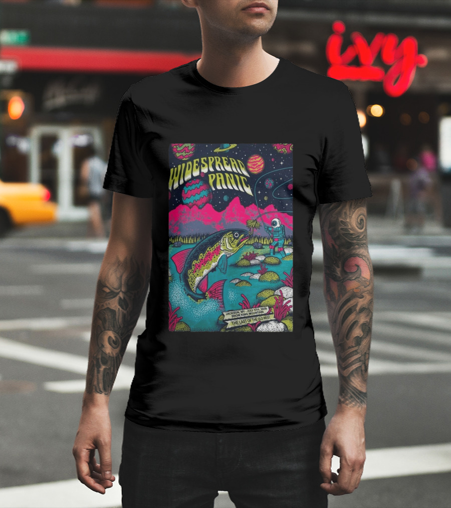 Widespread Panic Jul 5 2026 Snow King Mountain Jackson WY Cosmic Fishing Astronaut And Giant Fish Fantasy Scene T-Shirt