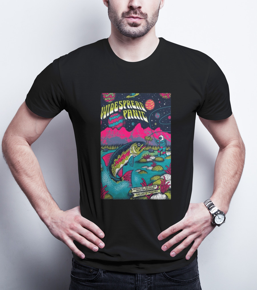 Widespread Panic Jul 5 2026 Snow King Mountain Jackson WY Cosmic Fishing Astronaut And Giant Fish Fantasy Scene T-Shirt