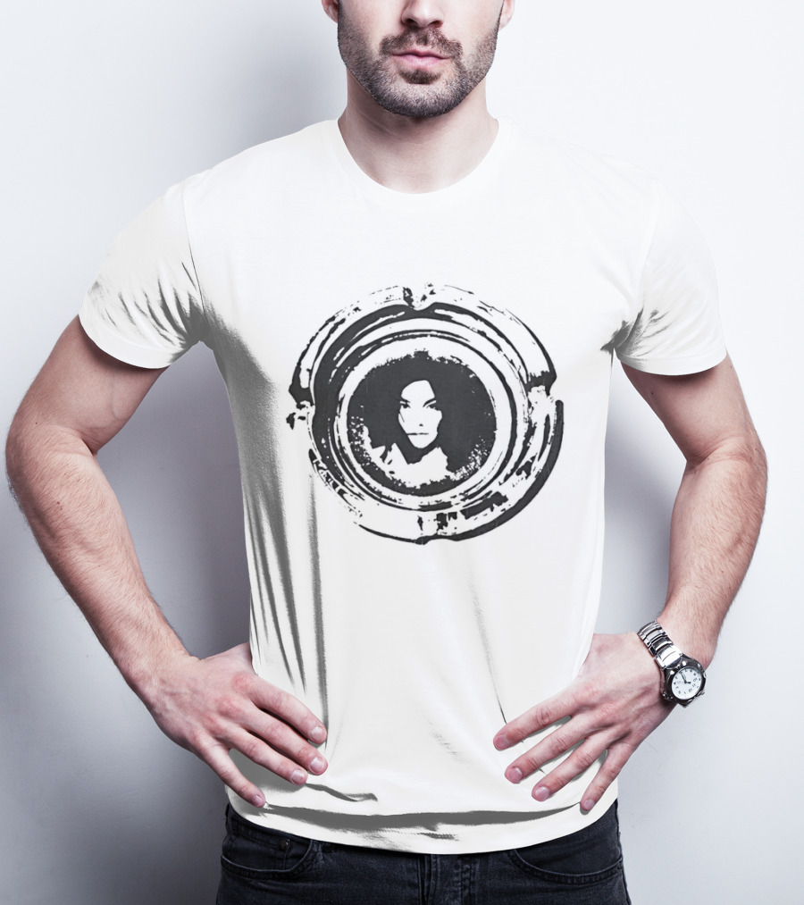 Bjork Circular Stamp Design Black And White T-Shirt