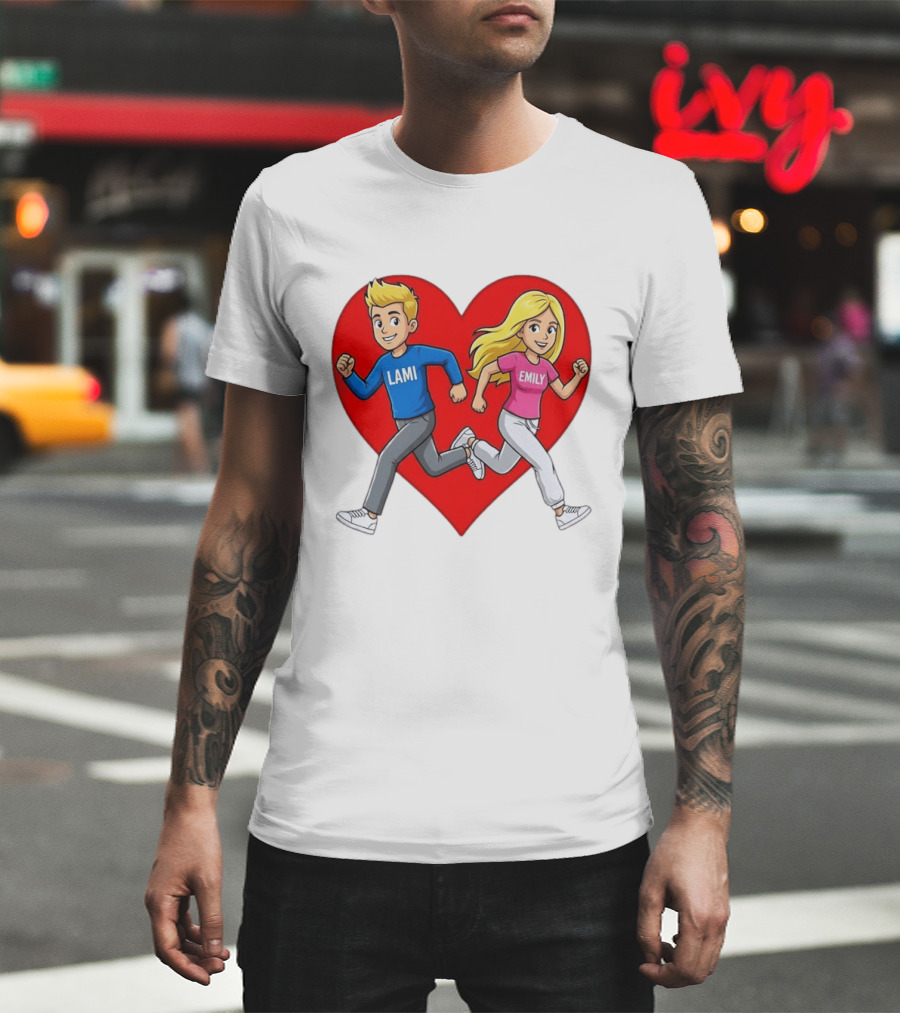 Lami And Emily Cartoon Couple Running With Heart T-Shirt