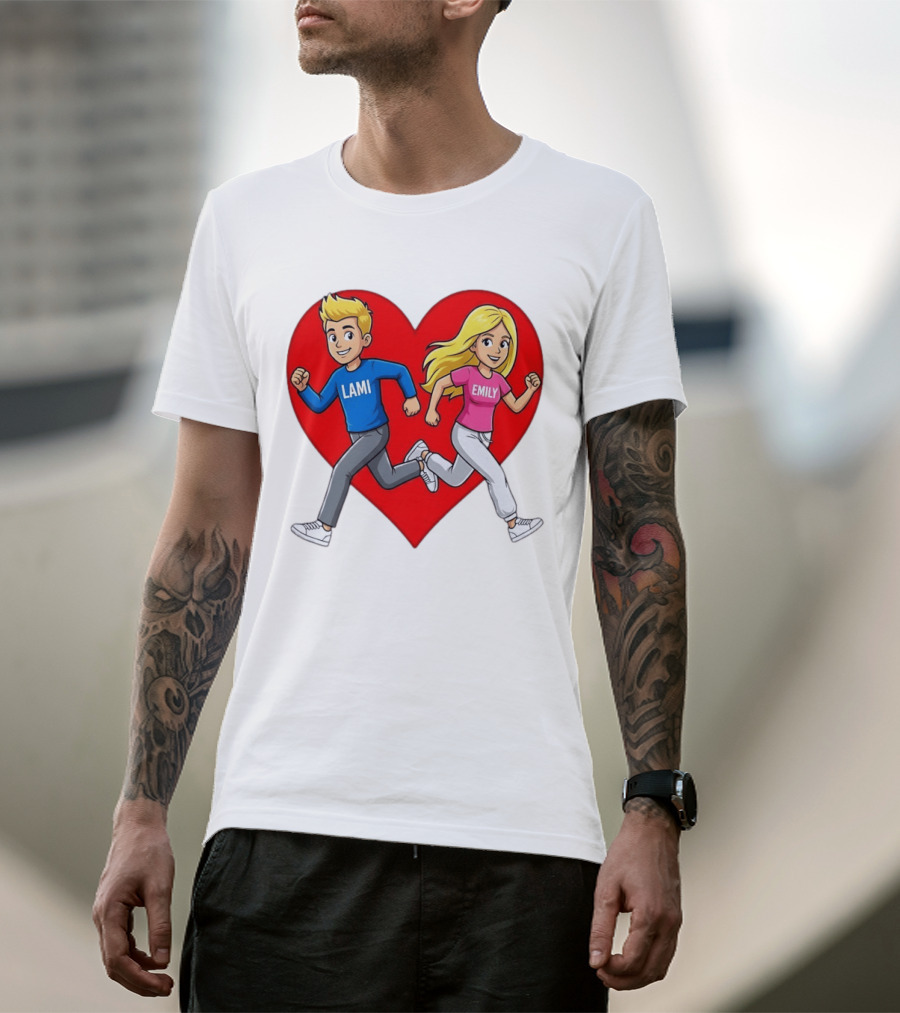Lami And Emily Cartoon Couple Running With Heart T-Shirt