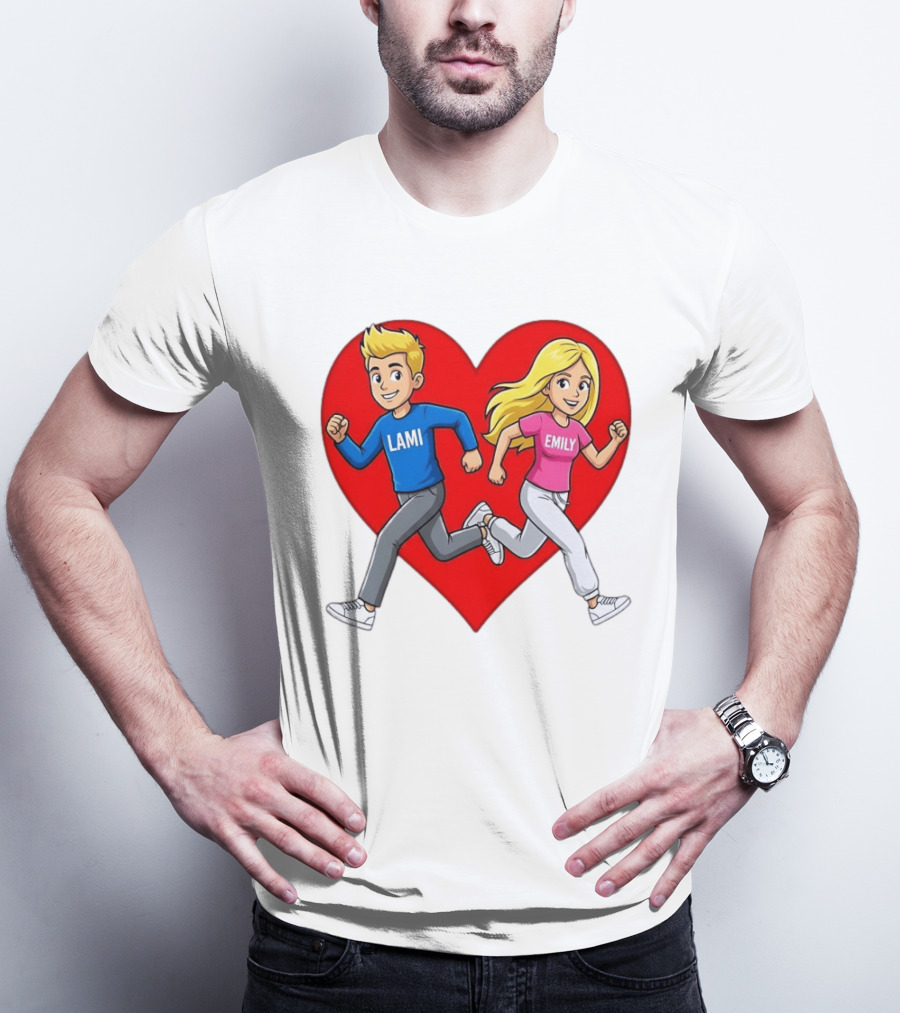 Lami And Emily Cartoon Couple Running With Heart T-Shirt
