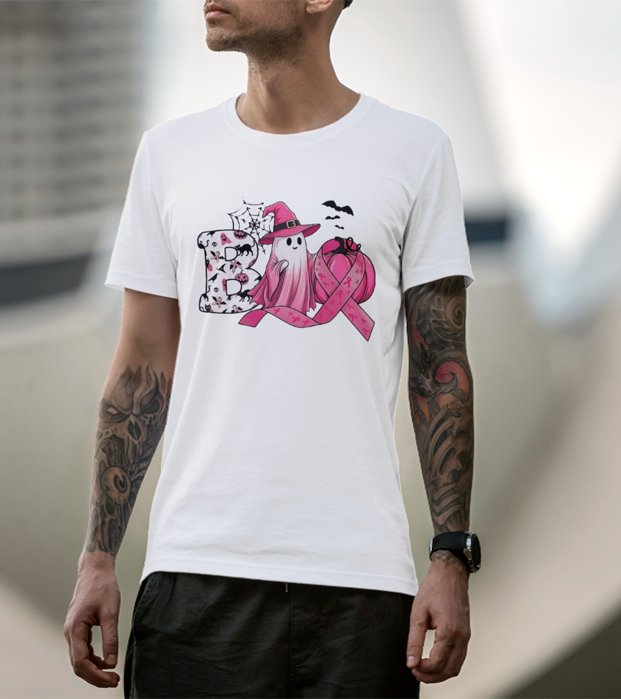 Boo Ghost Witch Pink Breast Cancer Ribbon Halloween Pumpkin T-Shirt
