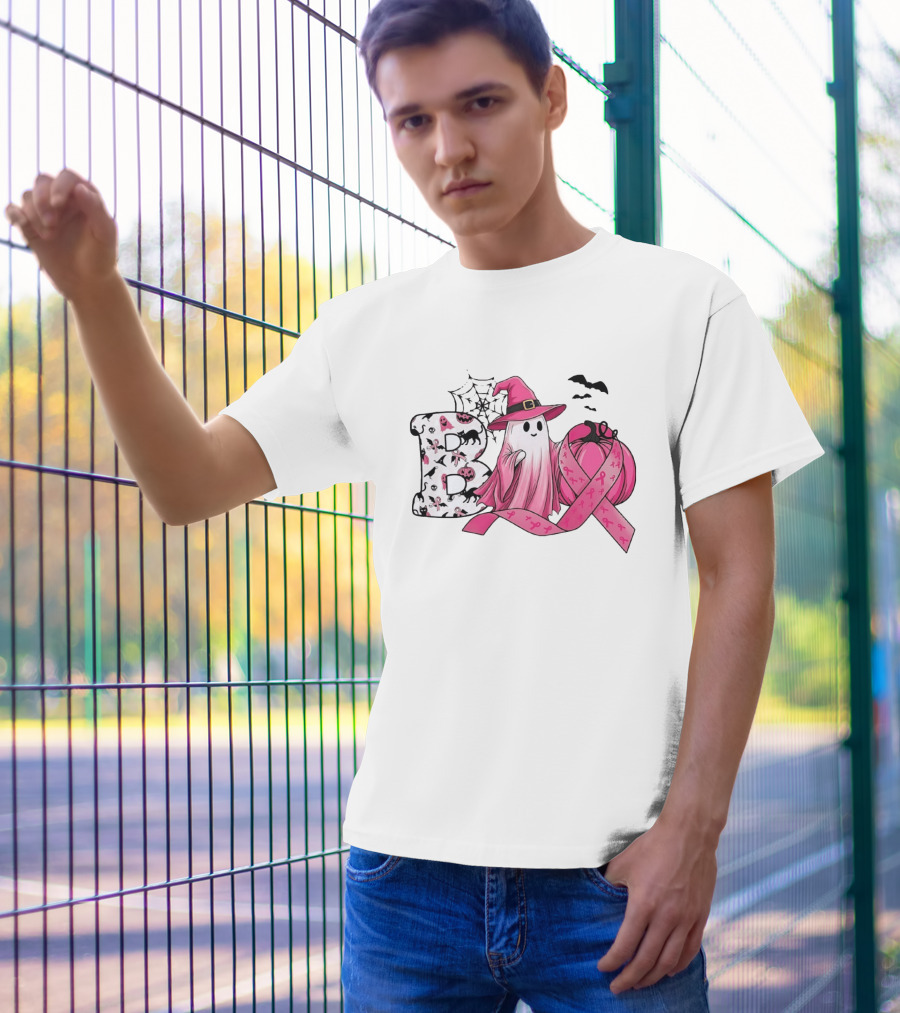 Boo Ghost Witch Pink Breast Cancer Ribbon Halloween Pumpkin T-Shirt
