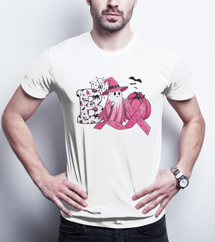 Boo Ghost Witch Pink Breast Cancer Ribbon Halloween Pumpkin T-Shirt