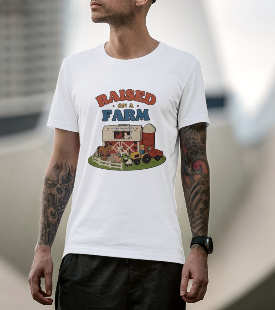 Raised On A Farm Super 70s Sports Vintage Barnyard Scene With Tractor And Animals T-Shirt