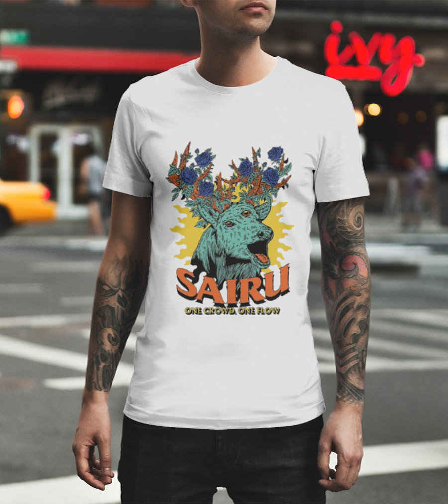 Sairu One Crowd One Flow Deer With Blue Roses Horns T-Shirt