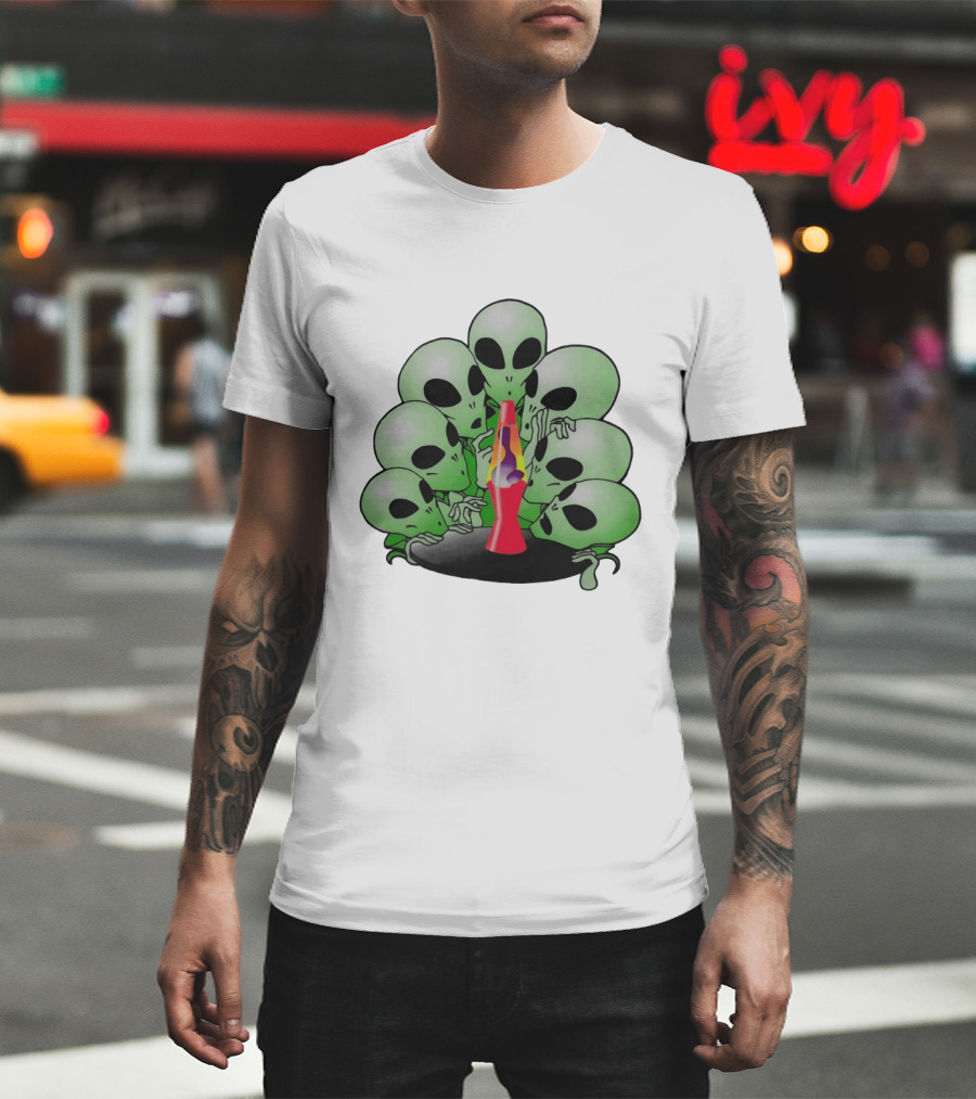 Aliens Gathering Around Colorful Lava Lamp T-Shirt