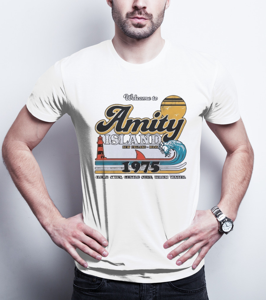 Welcome To Amity Island 1975 New England Massachusetts Lighthouse Wave Ocean Sun T-Shirt