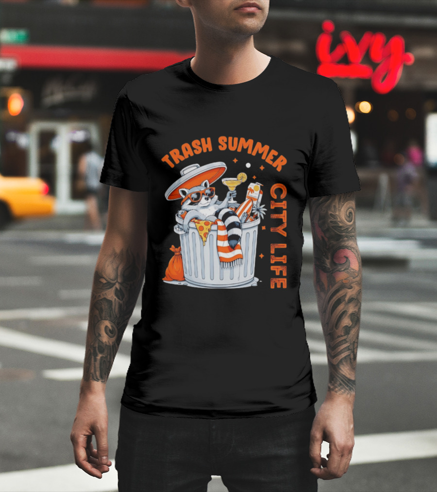 Trash Summer City Life Raccoon Enjoying Urban Vibes With Pizza And Martini T-Shirt