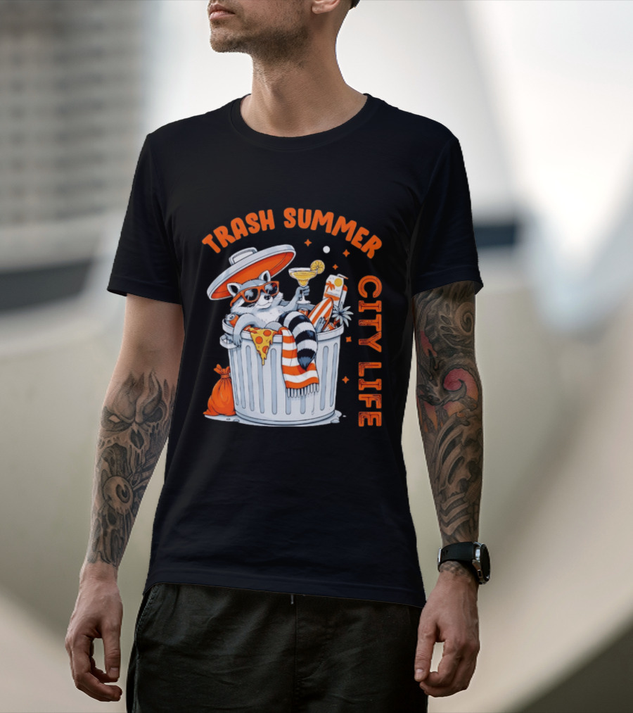 Trash Summer City Life Raccoon Enjoying Urban Vibes With Pizza And Martini T-Shirt