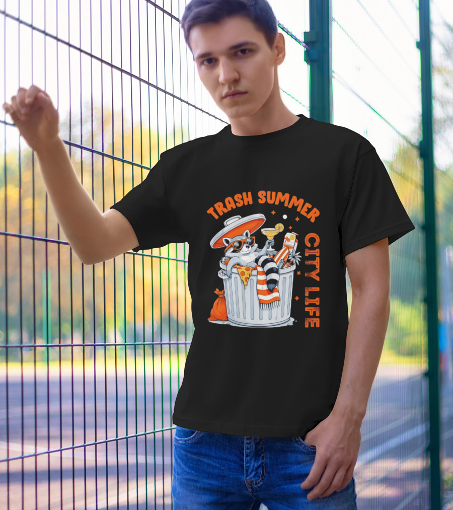 Trash Summer City Life Raccoon Enjoying Urban Vibes With Pizza And Martini T-Shirt