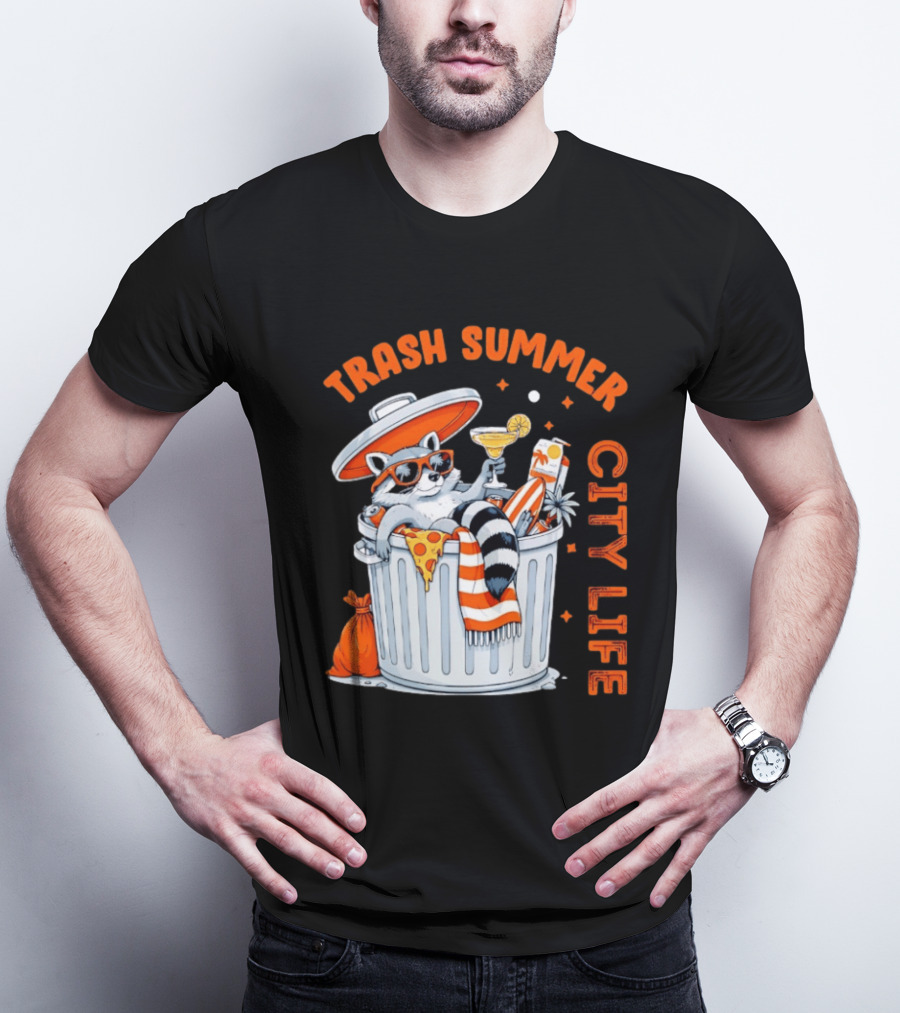 Trash Summer City Life Raccoon Enjoying Urban Vibes With Pizza And Martini T-Shirt