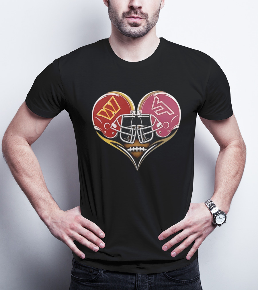 Washington Commanders Virginia Tech Hokies Helmet Heart Dual Team Spirit T-Shirt