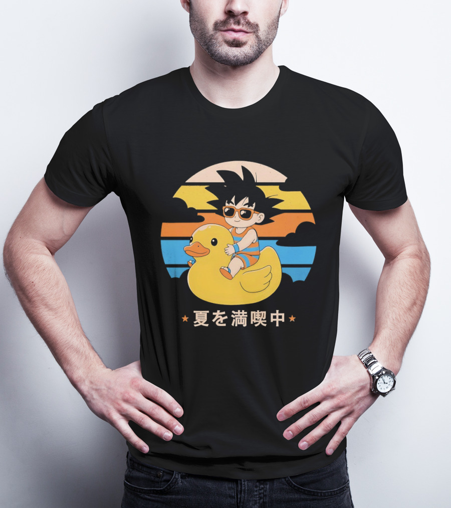 Young Goku Riding Rubber Duck At Sunset Enjoying Summer T-Shirt