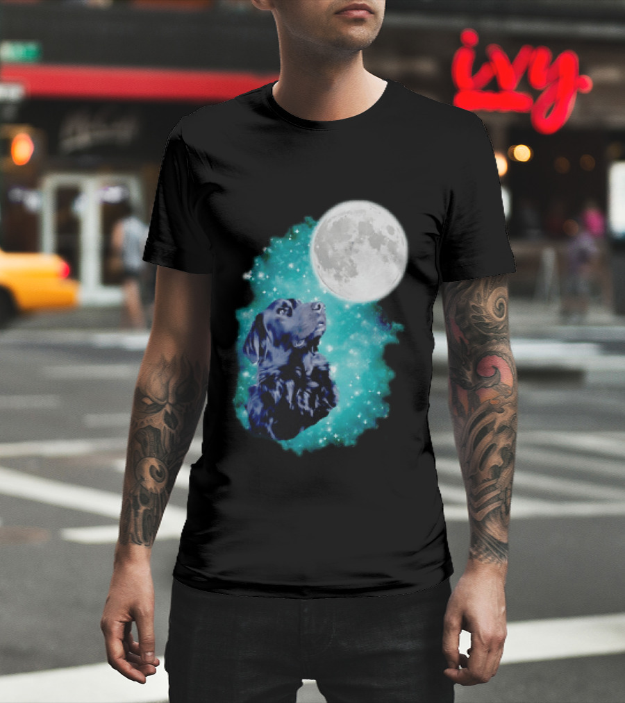 Black Dog Under Moon In Galaxy Space T-Shirt