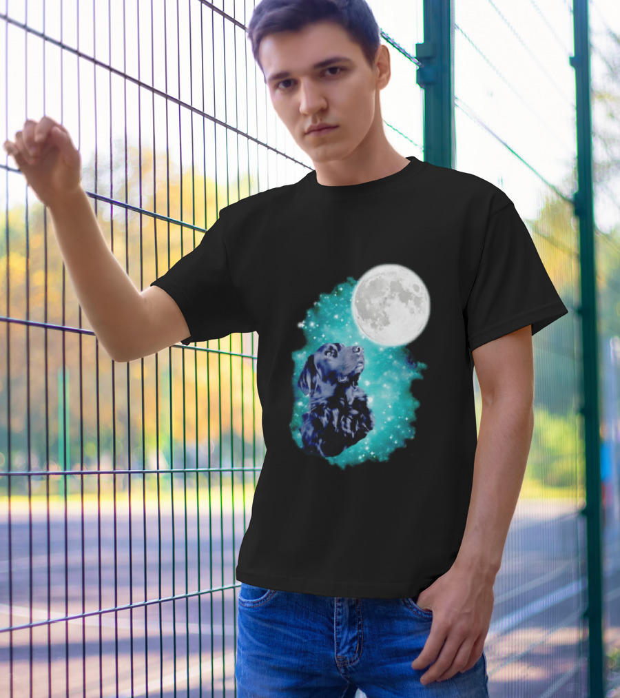 Black Dog Under Moon In Galaxy Space T-Shirt