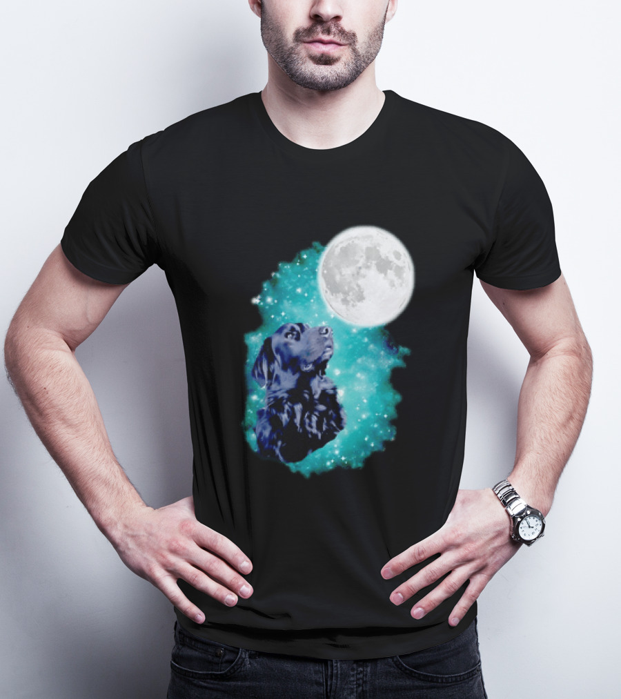 Black Dog Under Moon In Galaxy Space T-Shirt