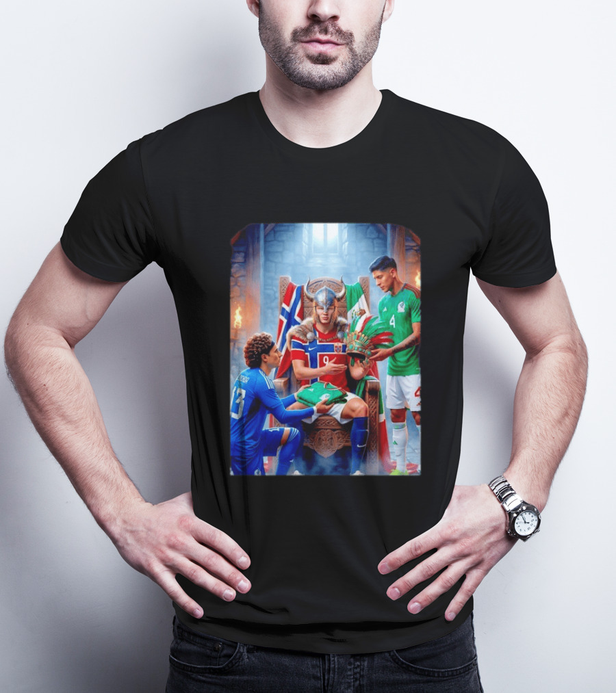 Guillermo Ochoa And Johan Vasquez Offering Mexico Jersey To Viking Erling Haaland With Norway Flag In Throne Room T-Shirt