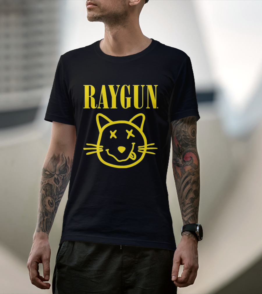 Raygun Smiley Cat Face Neon Yellow Quirky Expression T-Shirt
